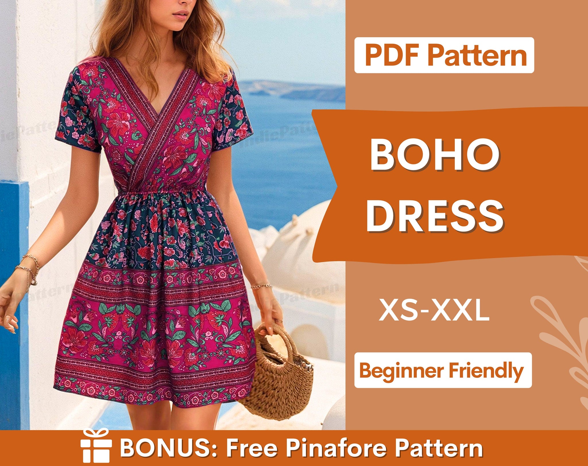 Boho Dress Sewing Pattern – Easy Wrap Dress for Women